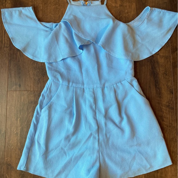 Pants & Jumpsuits | Light Blue Romper With Pockets And Off The Shoulder ...